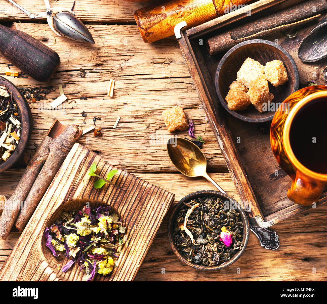 Set of healthy tea leaf in a wooden bowl.Food background tea theme ...