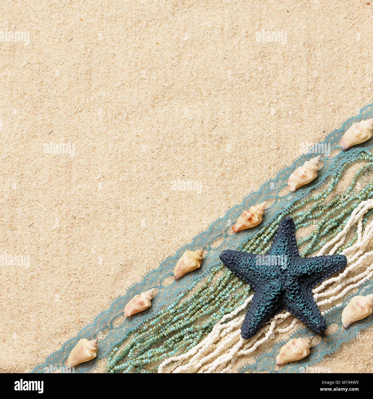 Background with a blue starfish, seashells, ribbons and beads Stock ...
