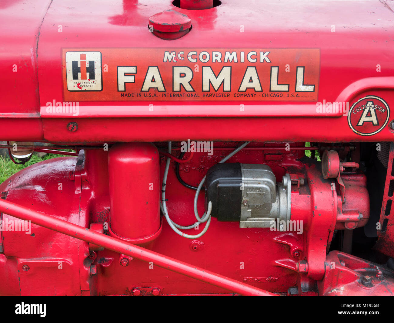 Side view detail showing the engine of a restored vintage McCormick ...