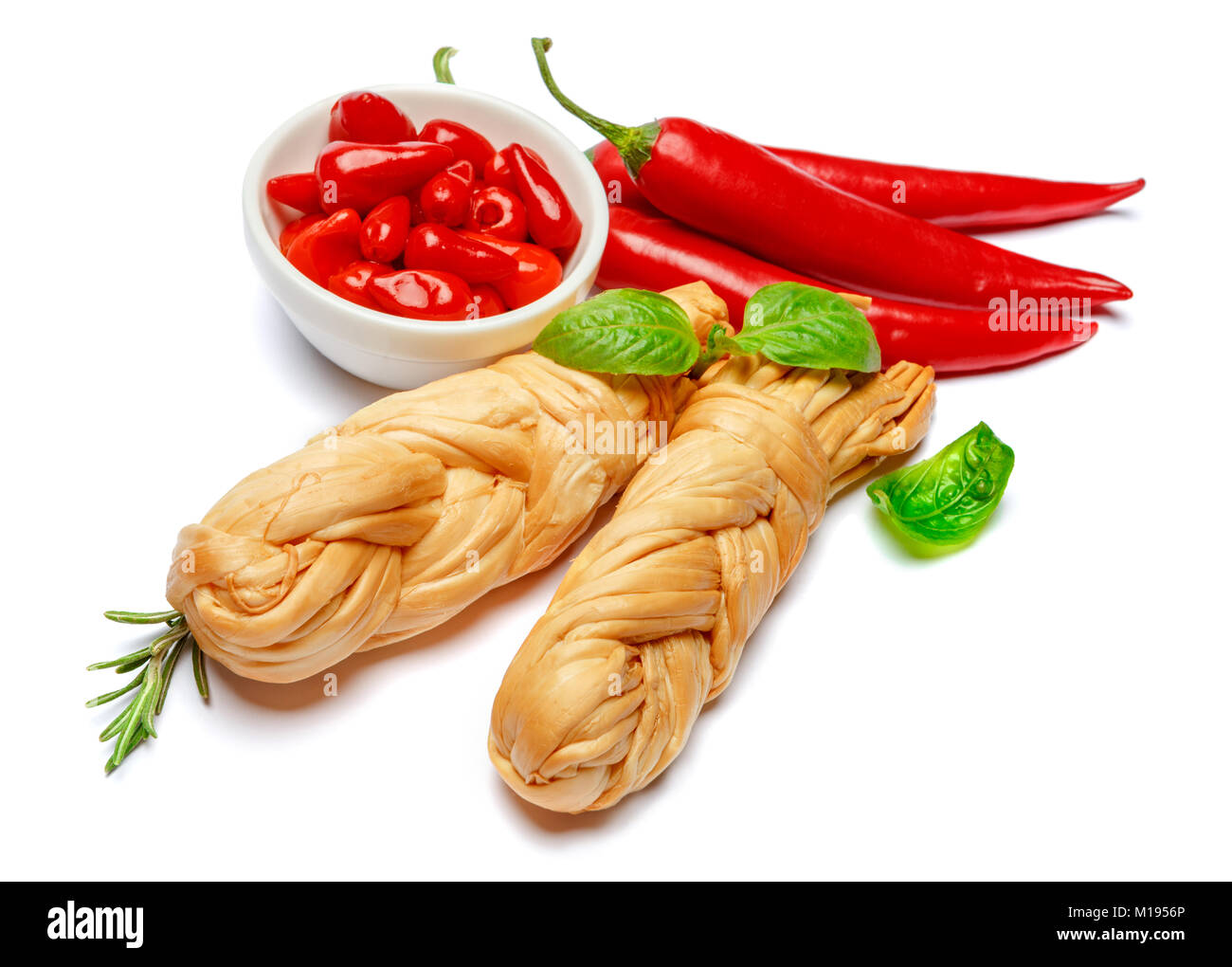 Smoked braided cheese and red pepper isolated on white background Stock ...