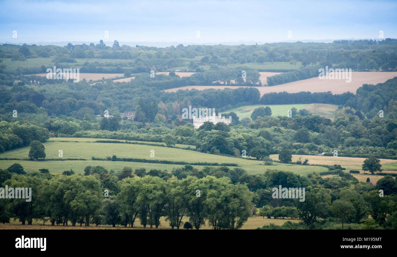View looking down at the Kent countryside with Leeds Castle amidst the ...