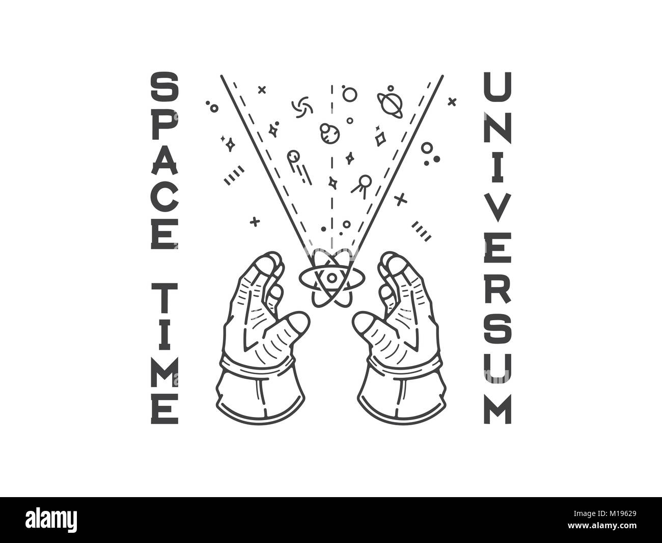 It's a spaceman holding between his hand an atom representing space ...