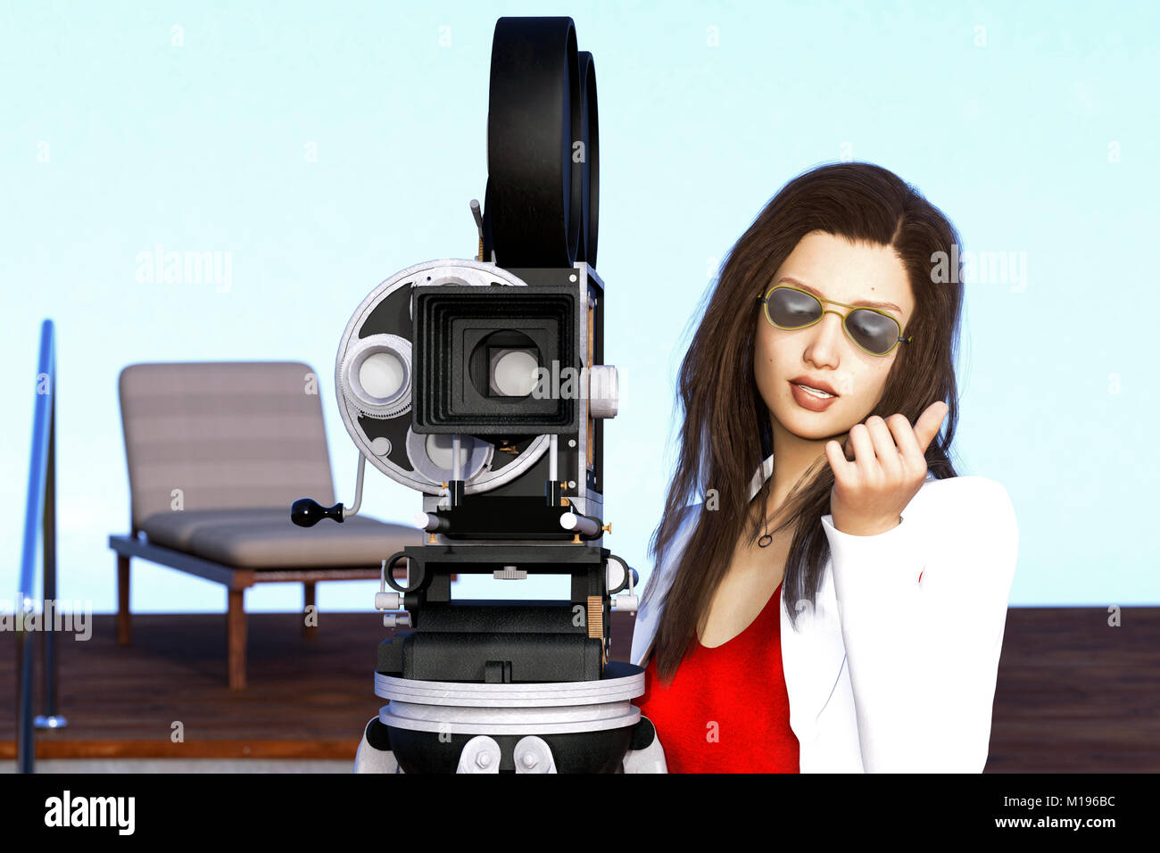 brown hair Caucasian woman standing beside a film movie camera Stock ...