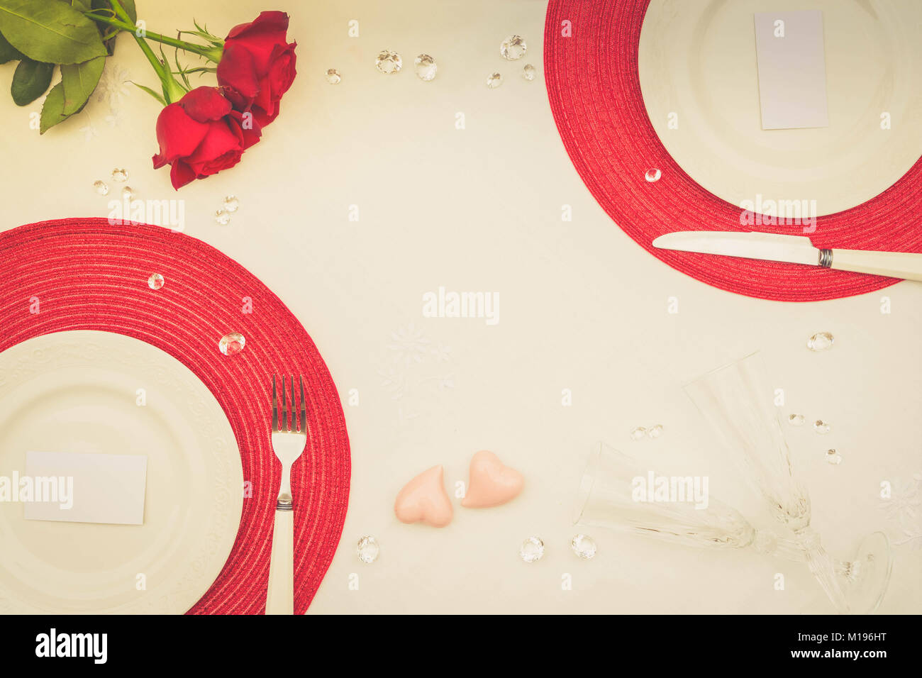 Valentines Day Dinner - set of table ware for two, retro toned Stock ...