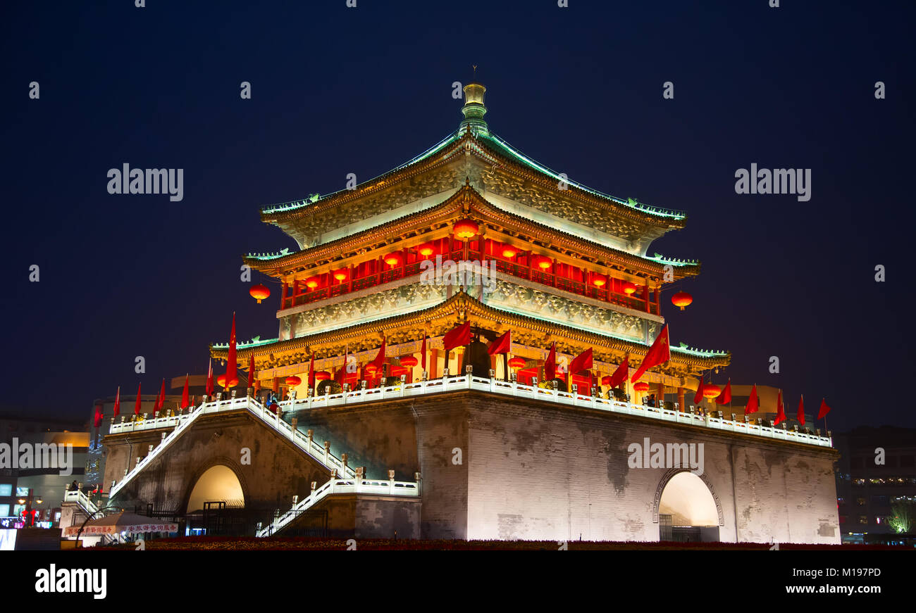 Famous Bell Tower in the Xi'an city, China. Xi'an is capital of Shaanxi ...