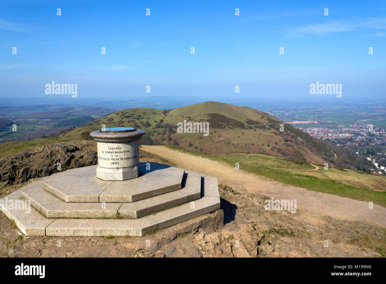 The toposcope and memorial on Worcestershire Beacon in hazy spring ...