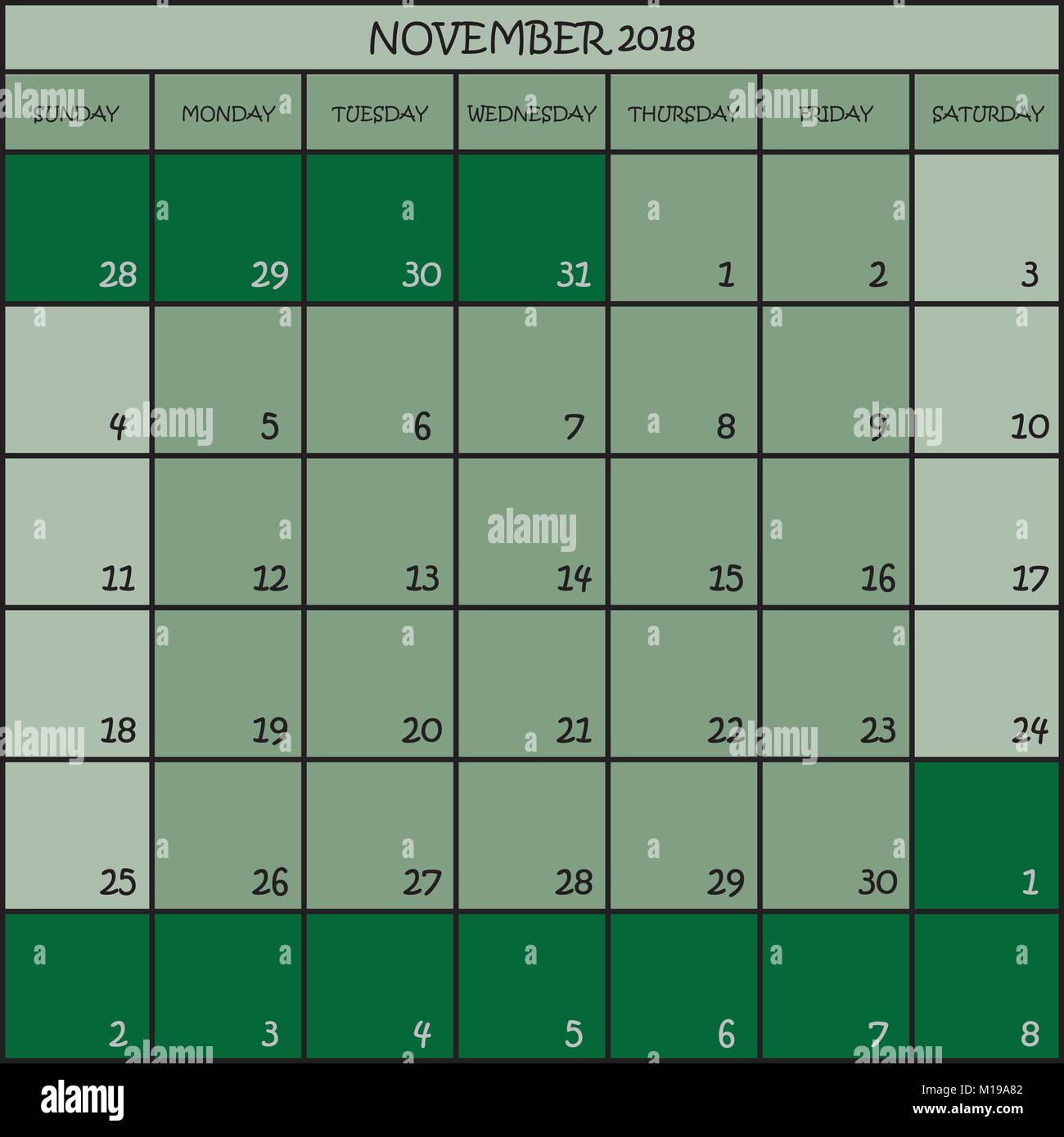 CALENDAR PLANNER MONTH NOVEMBER 2018 ON THREE SHADES OF GREEN COLOR ...