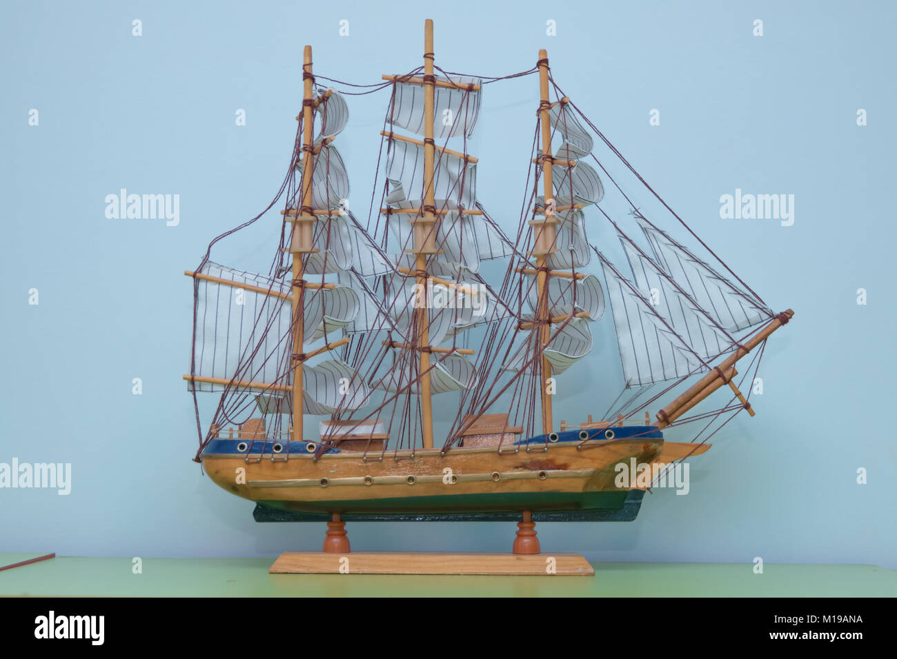 Sailing ship model in souvenir shop, closeup. Handmade sailboat ...