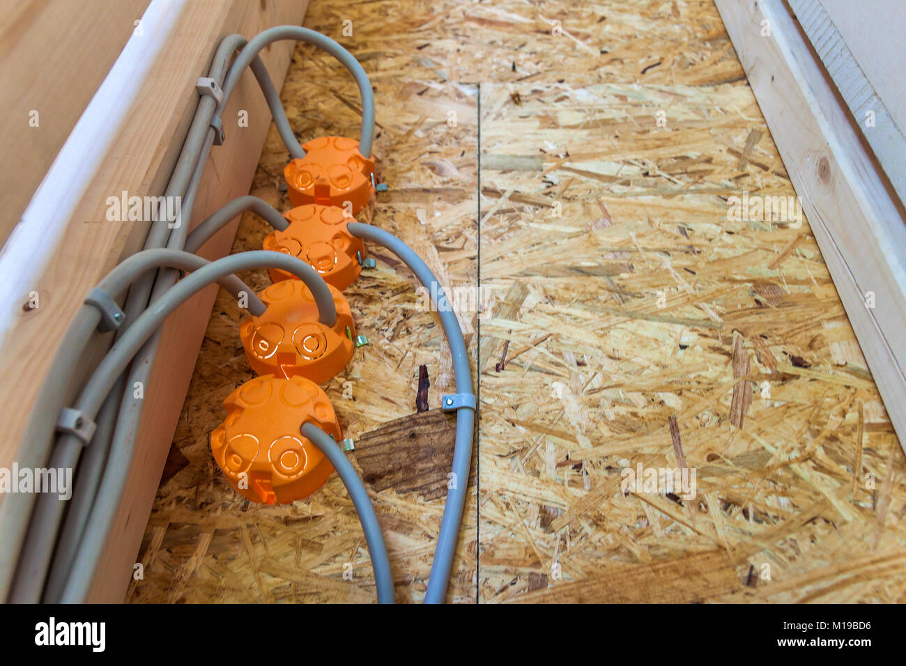 New electrical installation, socket plastic boxes and electrical cables ...