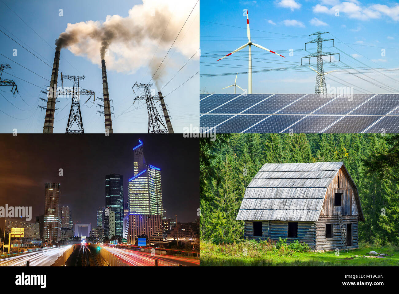 Clean vs dirty energy. Solar panels and wind turbines against fuel coal ...