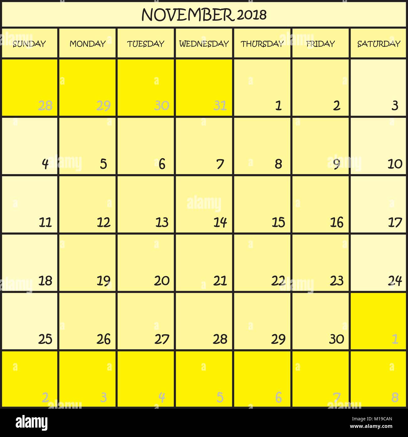 CALENDAR PLANNER MONTH NOVEMBER 2018 ON THREE SHADES OF YELLOW COLOR ...