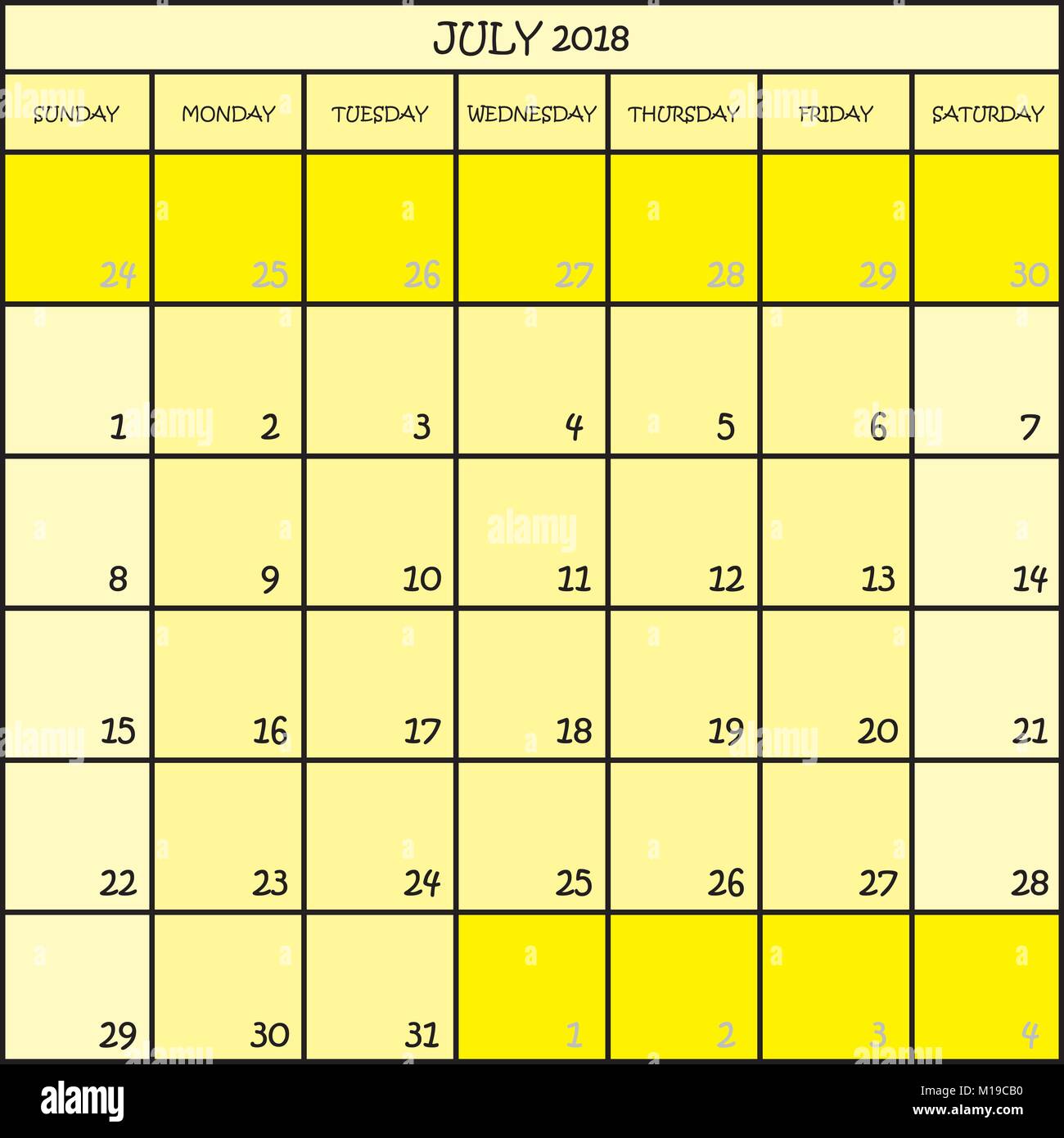 CALENDAR PLANNER MONTH JULY 2018 ON THREE SHADES OF YELLOW COLOR ...
