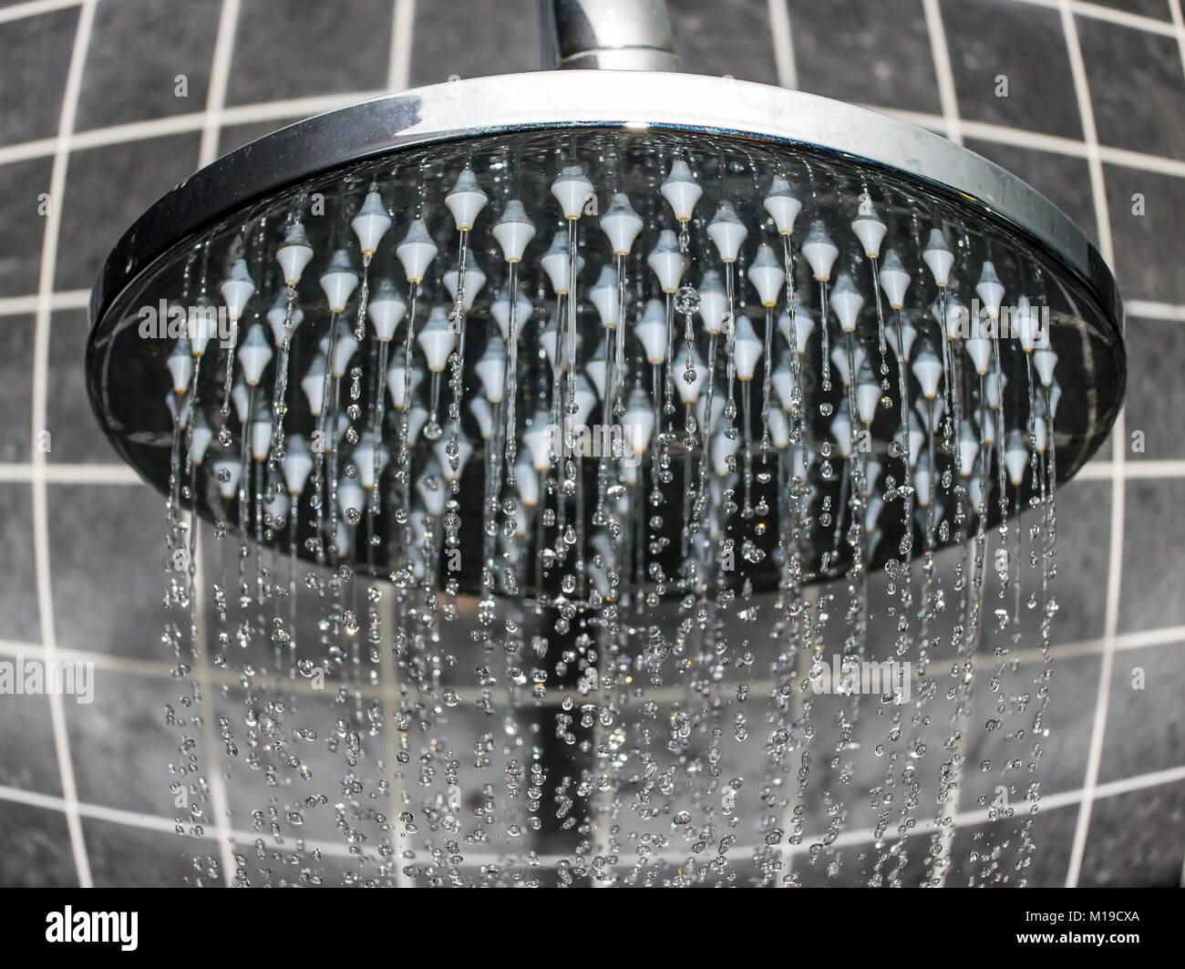 Water flows from the shower, close-up. The stream of water flows from ...