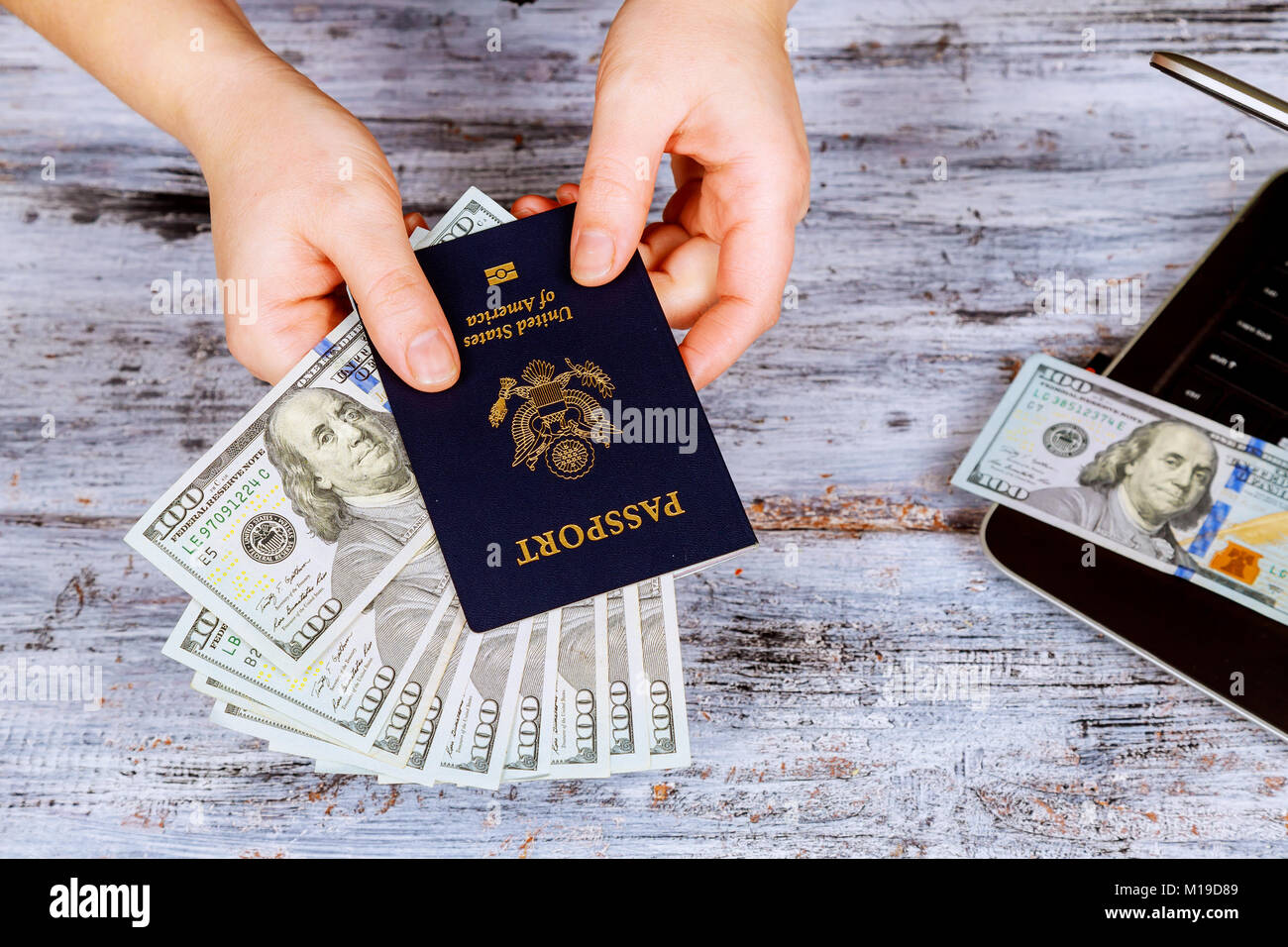 passports with enclosed dollar bills with a tourist c tourism. journey ...