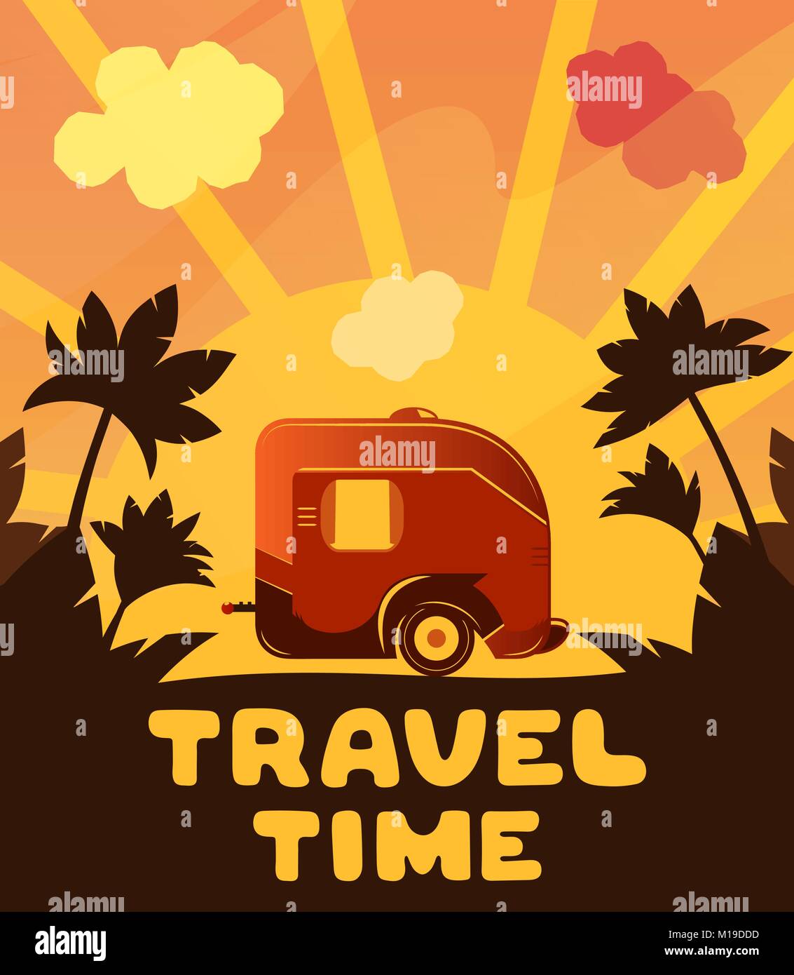 Camping trailer on orange sunset background with palm trees. Travel ...