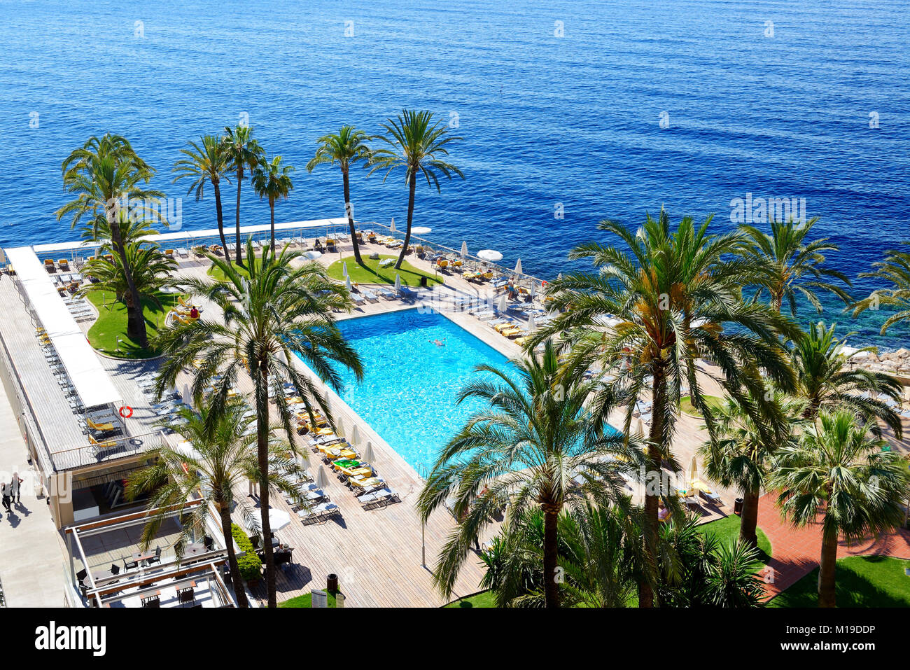 The beach and swimming pool at luxury hotel, Mallorca, Spain Stock ...
