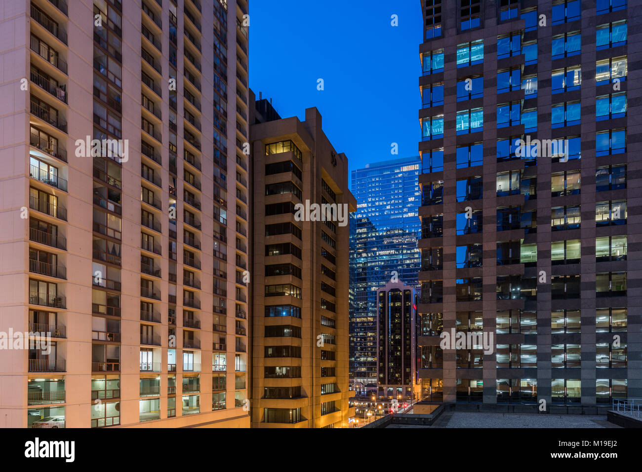 Buildings on Dearborn street at dusk in the Chicago Loop Stock Photo ...