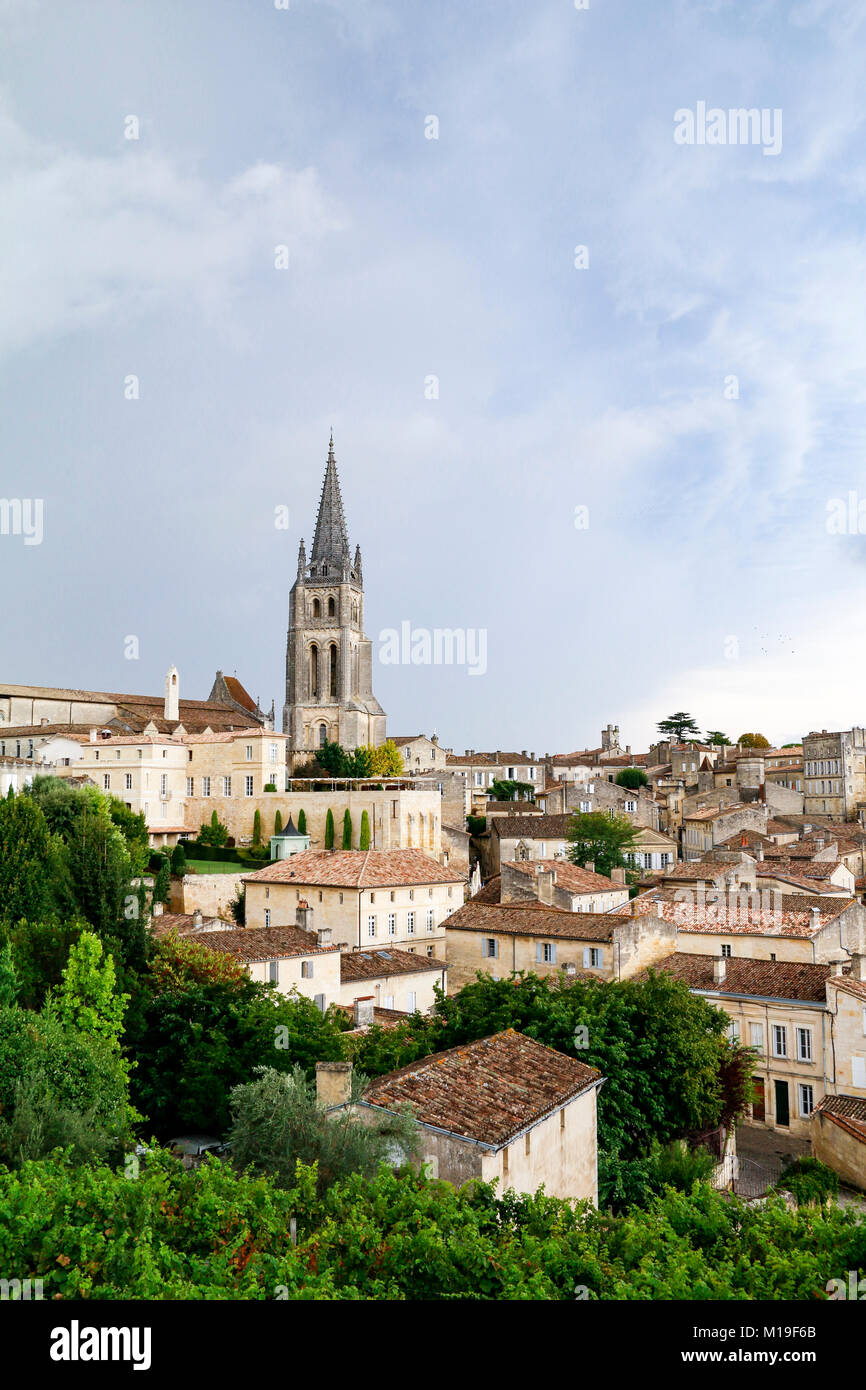 High view over rooftops of Saint-Emilion, Gironde, France. A medieval ...