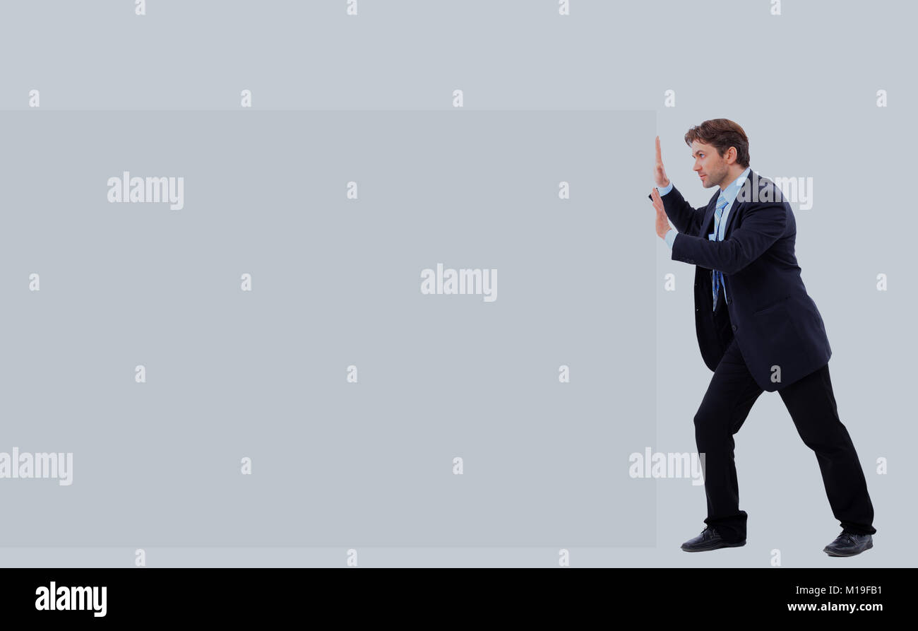 Man push banner on white background Stock Photo - Alamy