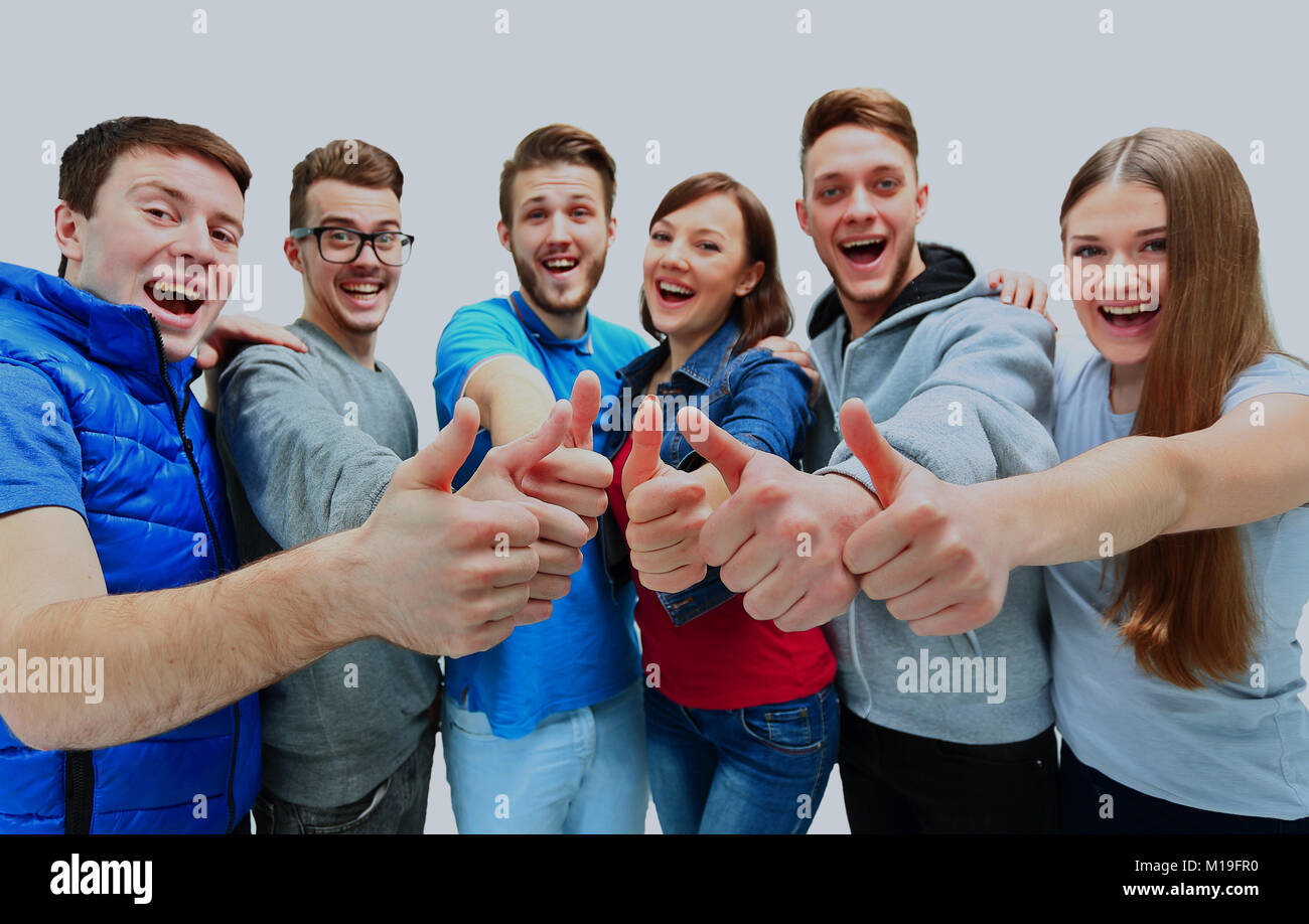 Happy joyful group of friends cheering isolated on white background ...