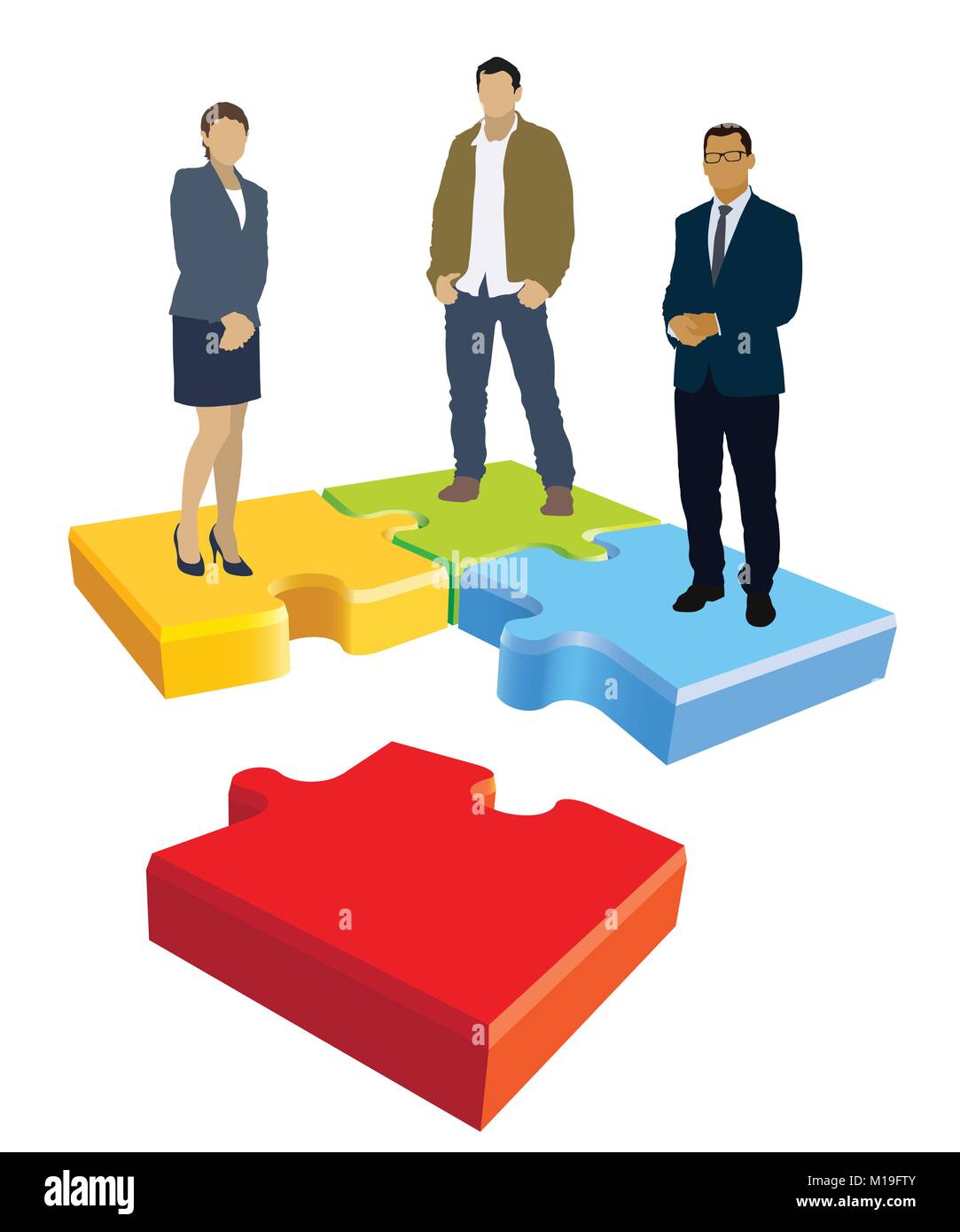 Businesspeople are standing on jigsaw puzzle shown as an organizational ...