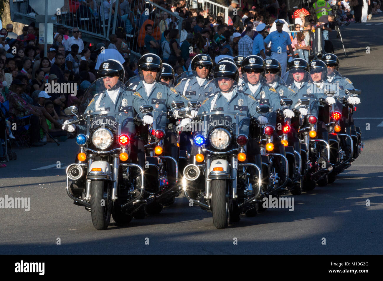 Police motorcycle drill team in a Seafair Parade, Seattle, Washington ...