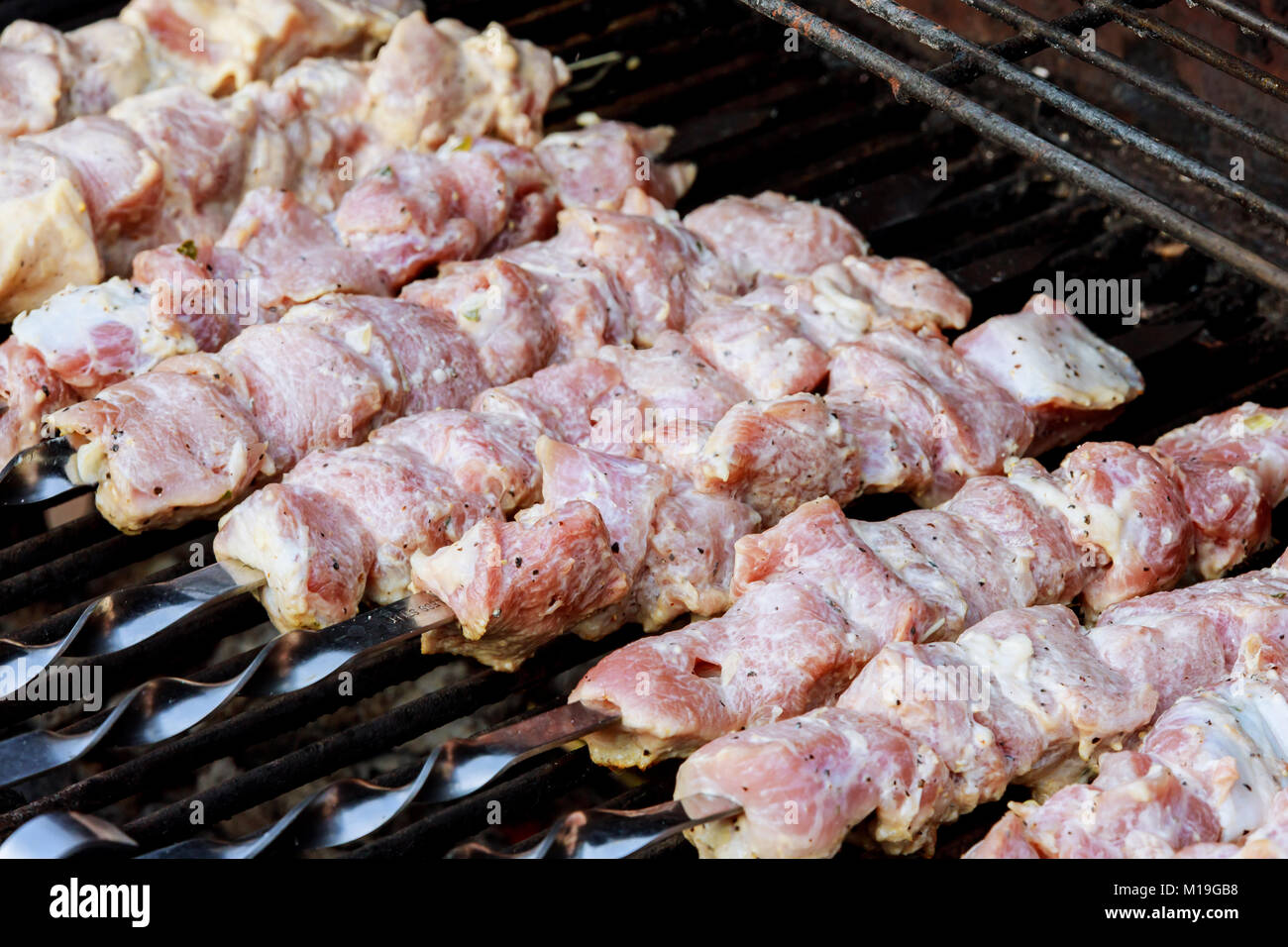 Shashlik shish kebab traditional barbecue prepared on a vine wood coal ...