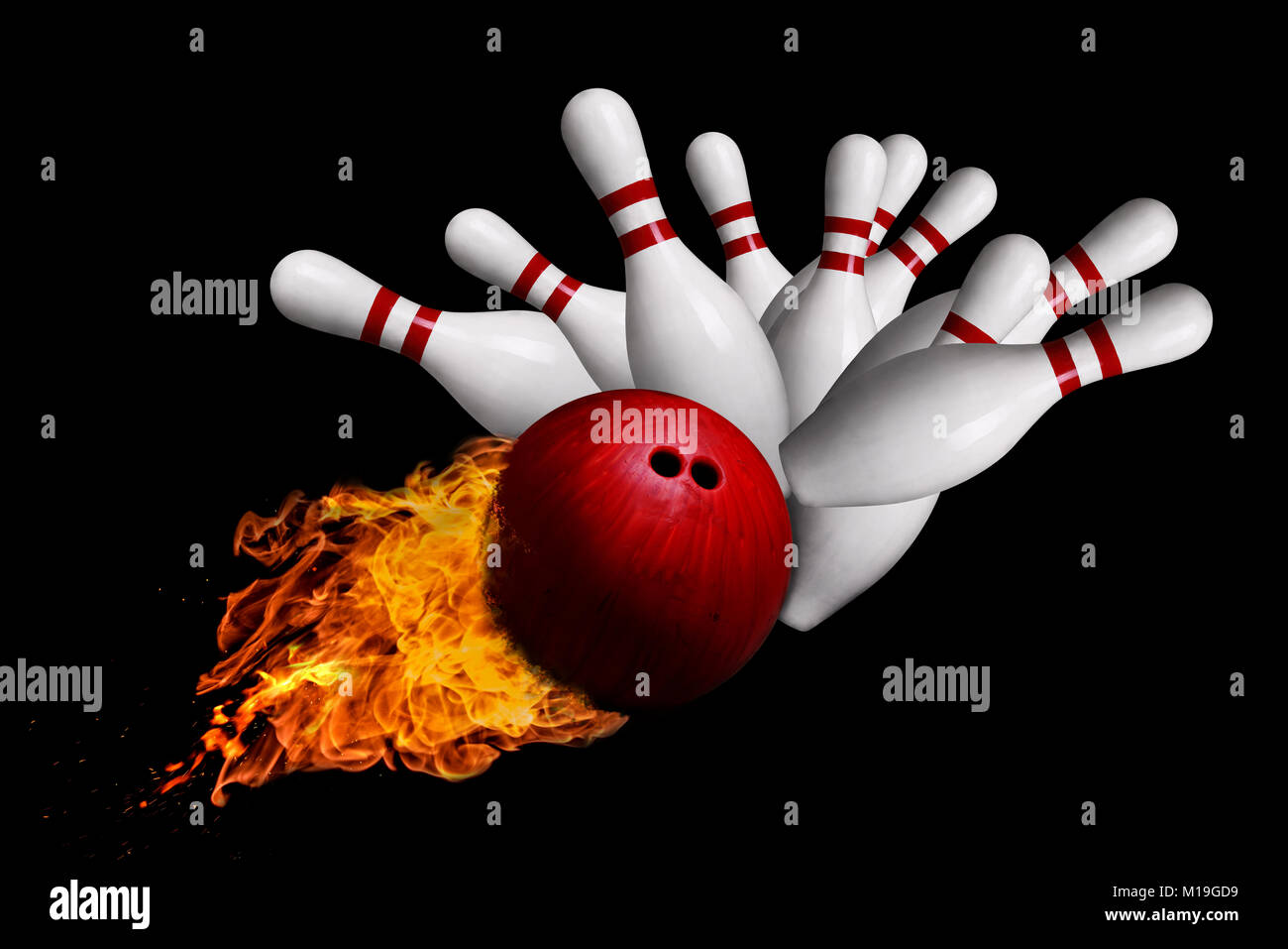 Fiery red bowling ball striking against pins in a ten-pin bowling game ...