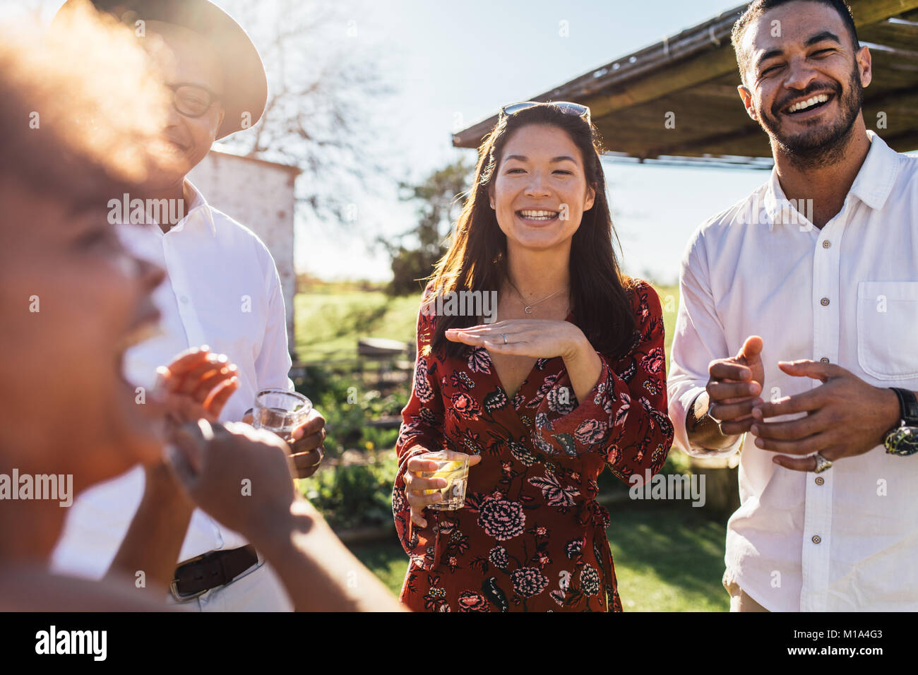 Friends at reunion party outdoors. Group of people at having party in ...