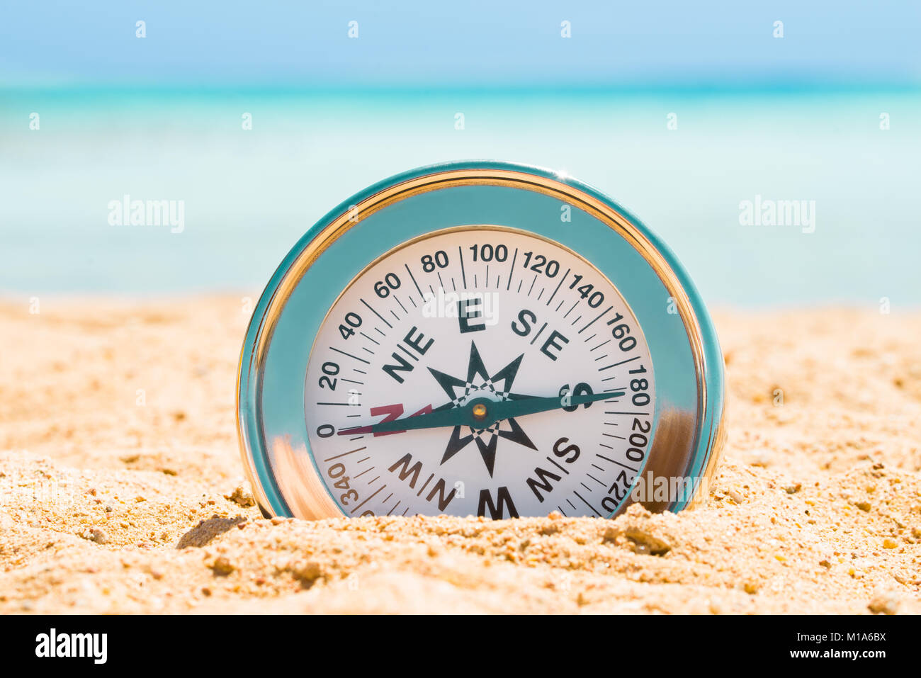 Magnetic Silver Compass On Sand At Beach Stock Photo - Alamy