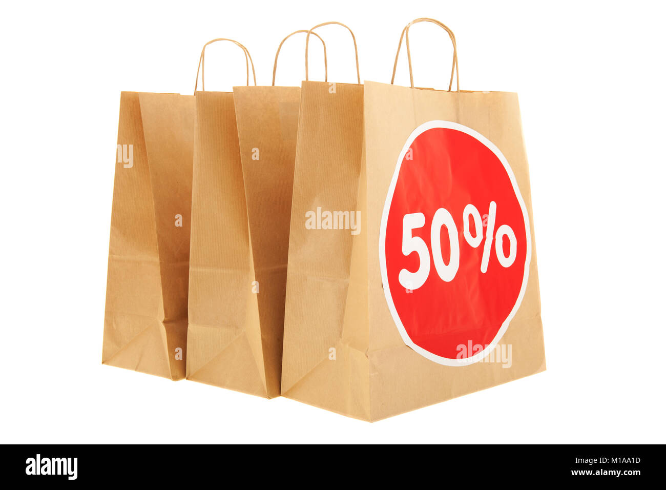 Brown paper shopping bags with 50% discount isolated over white ...