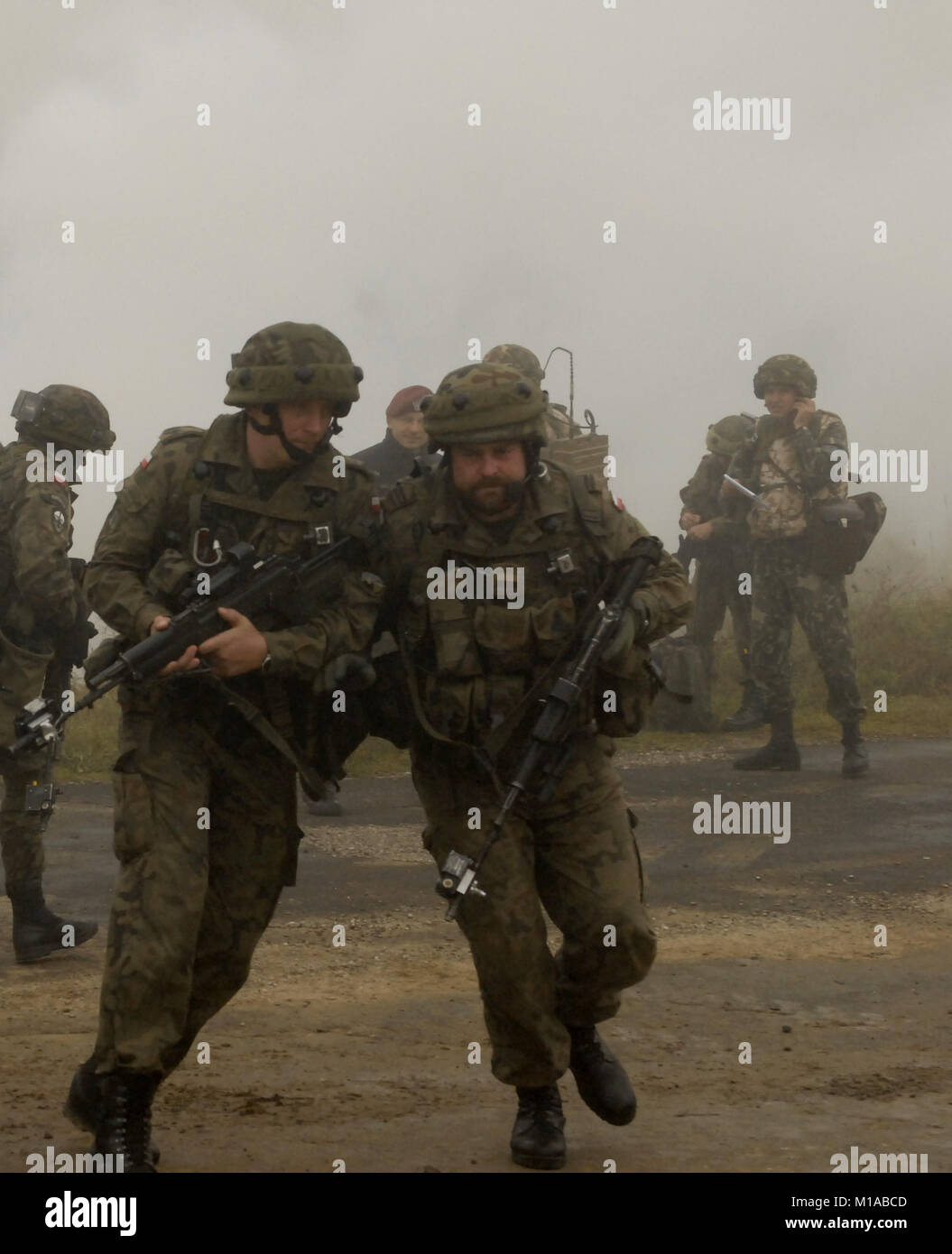 Polish soldiers escape from a mock ambush during a multi-national field ...