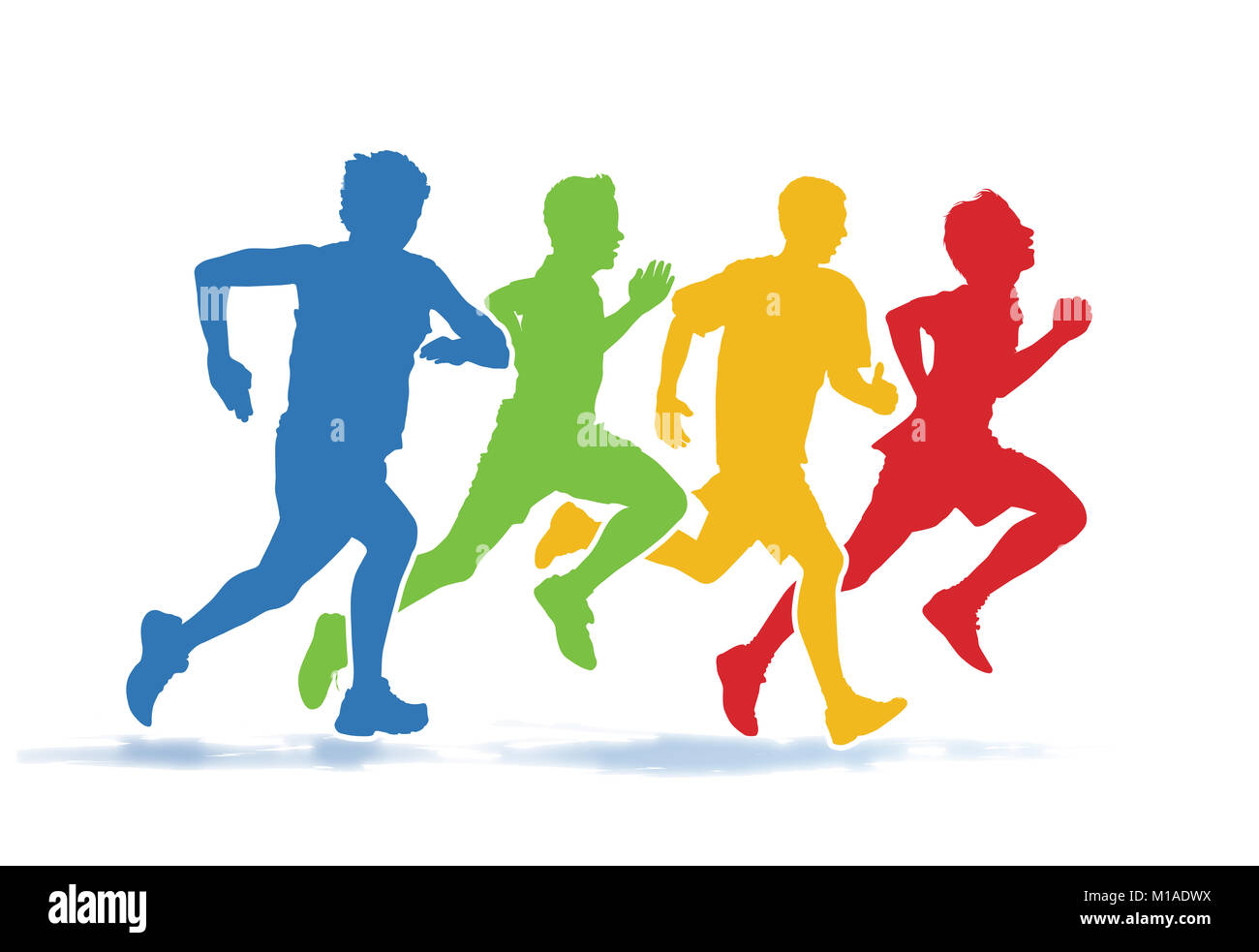 Colorful group of four young men running in the race on the white ...