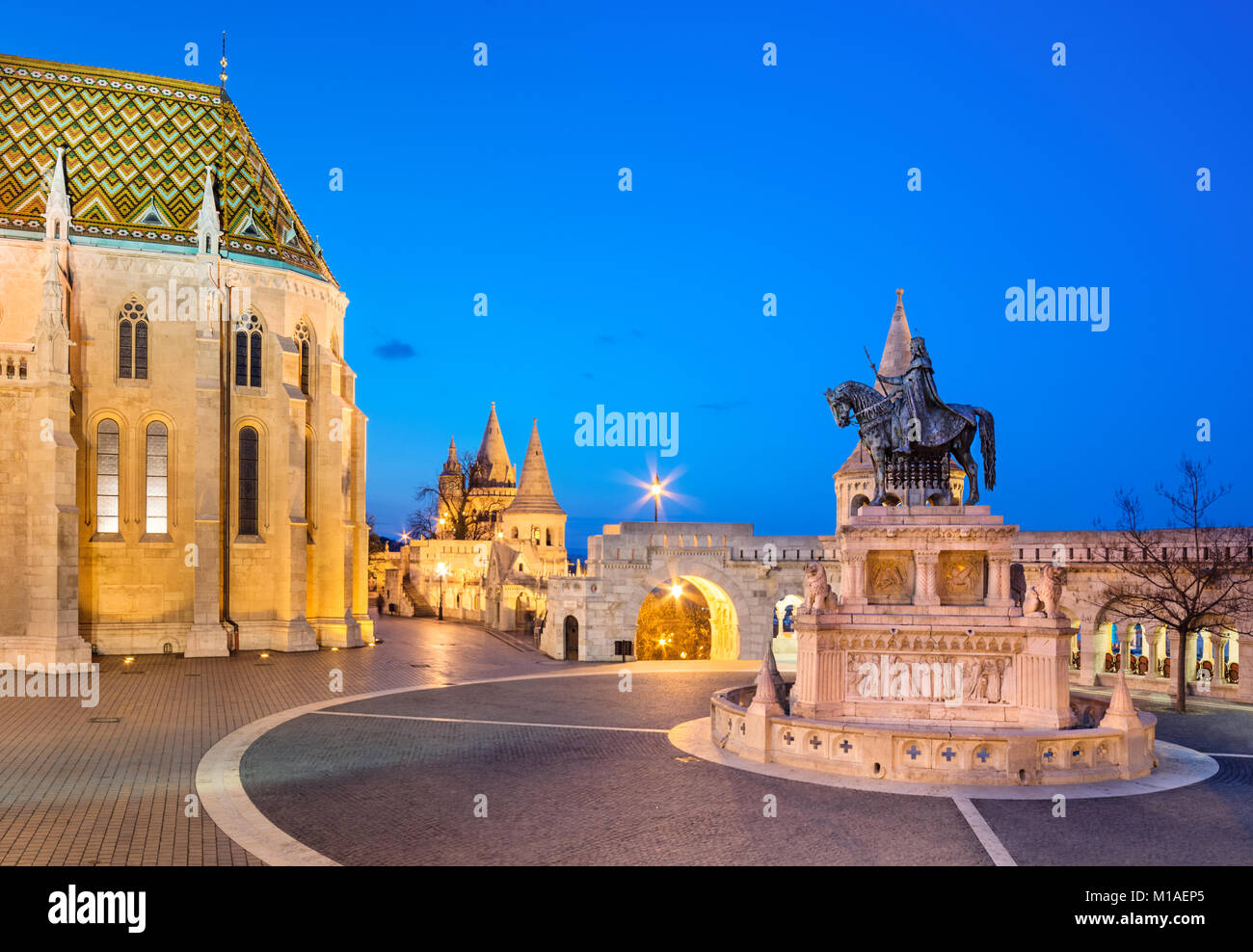 Fishermans Bastion in Budapest, Hungary in the evening. Focus on the ...