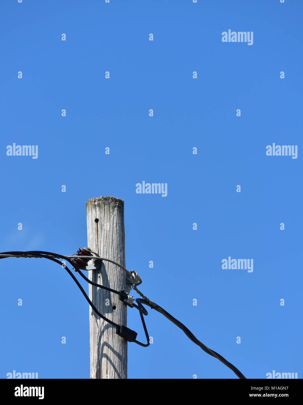 Single utility pole with wires against a clear blue sky with copy space ...
