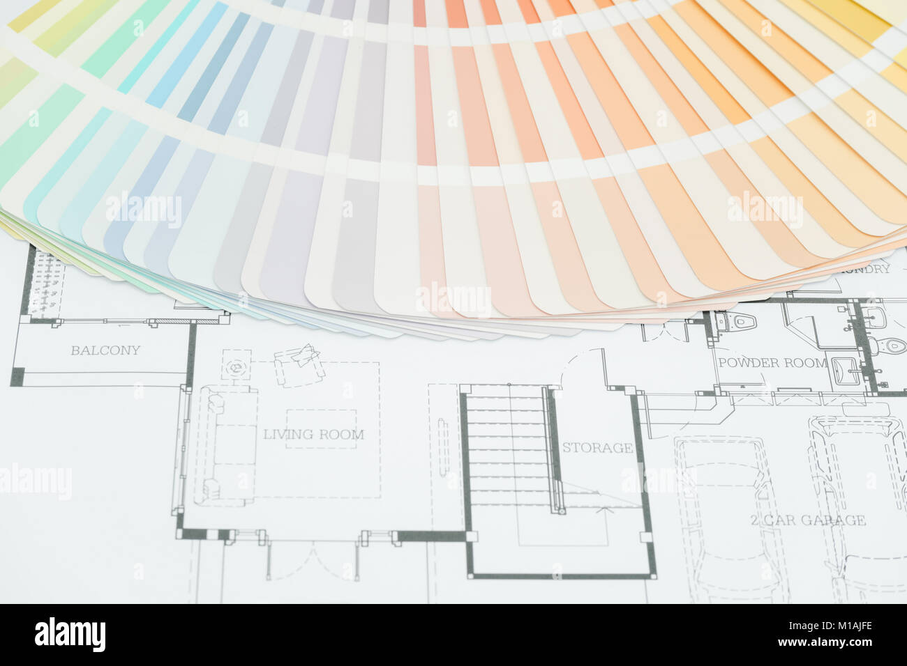 colors and material samples on architectural drawings of the modern ...