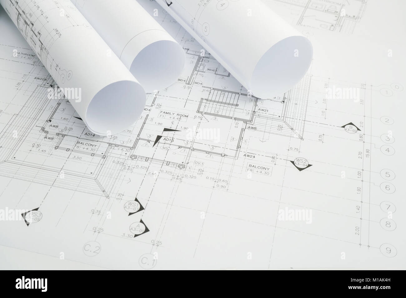 architectural drawing paper rolls of a dwelling for construction Stock ...