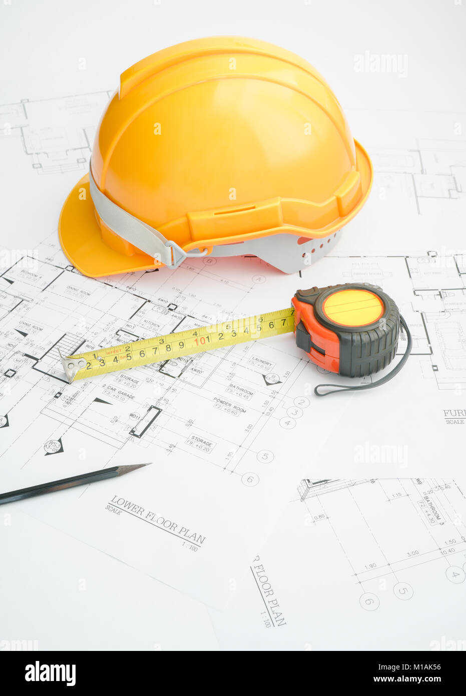 Architects workplace - architectural tools, blueprints, helmet ...