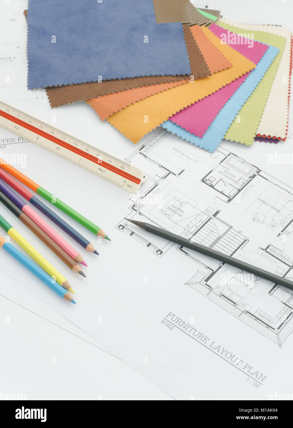 Architectural plan with color pencil and color palette Stock Photo - Alamy