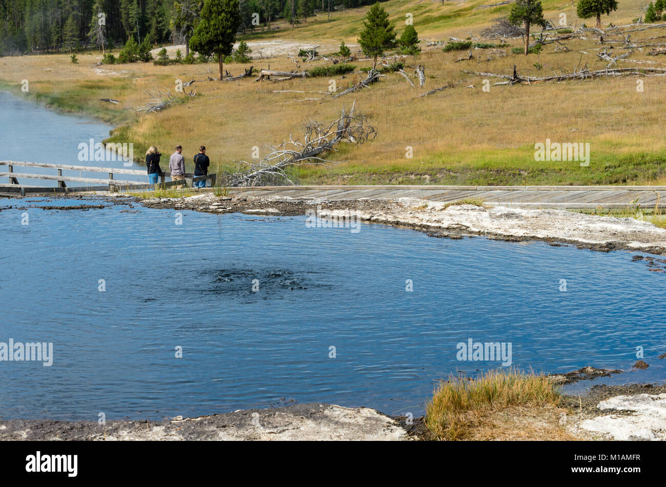 Tourists visiting the Terrace Springs thermal feature. Yellowstone ...