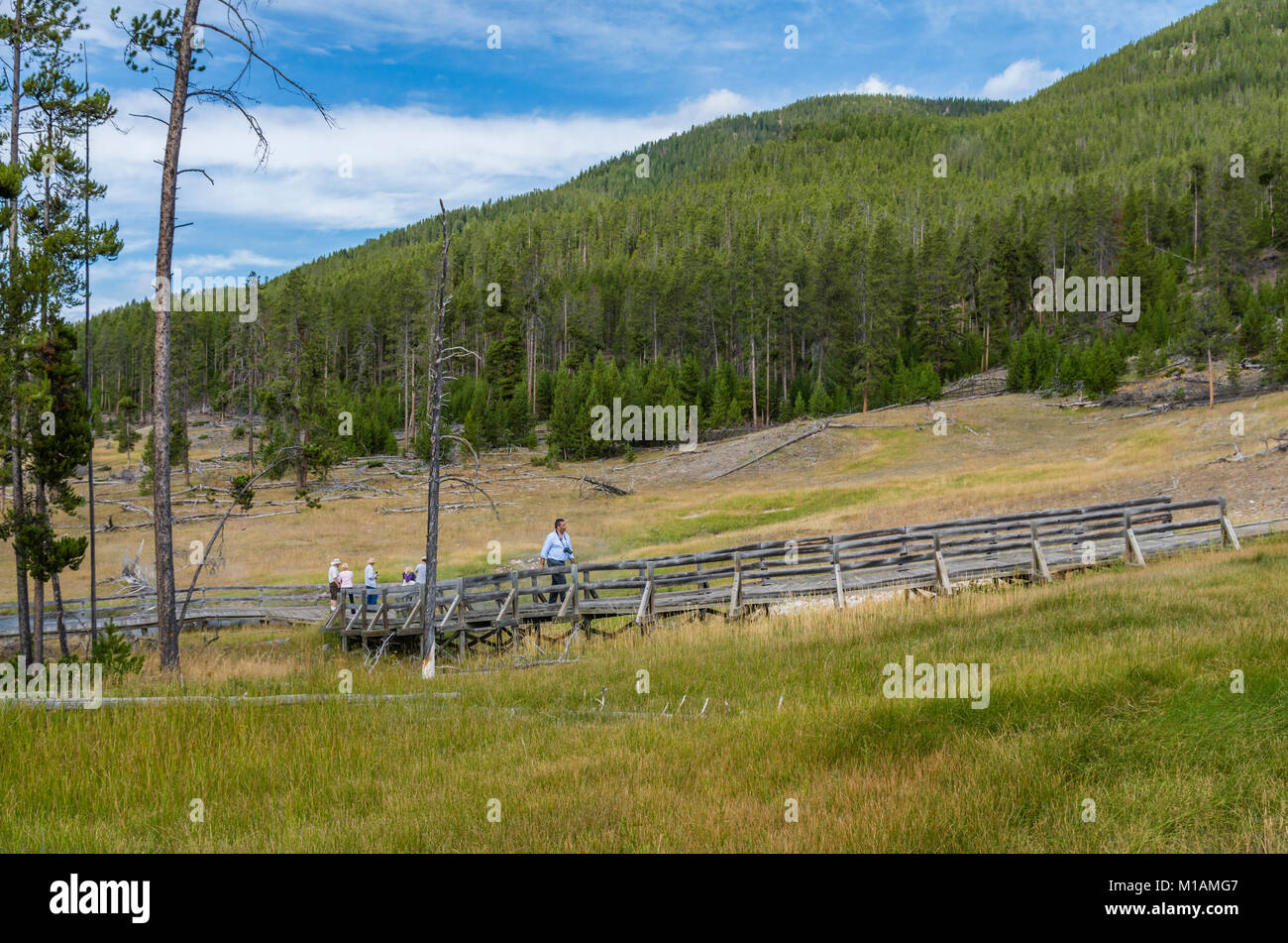 Tourists walking on the boardwalk at the Terrace Springs thermal ...