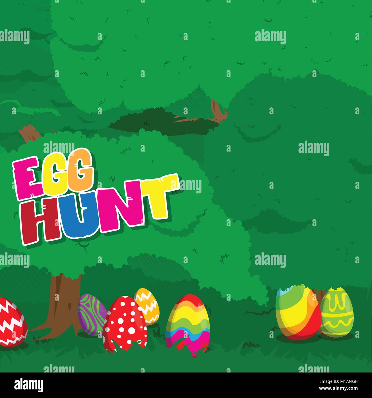 Easter egg hunt invitation with dyed eggs in a green forest. Vector ...