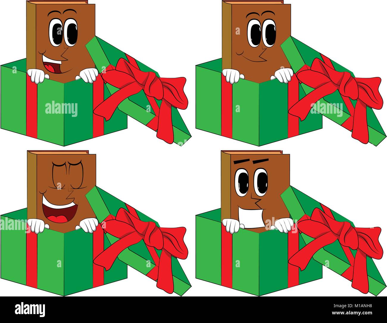 Books in a gift box. Cartoon book collection with happy faces ...