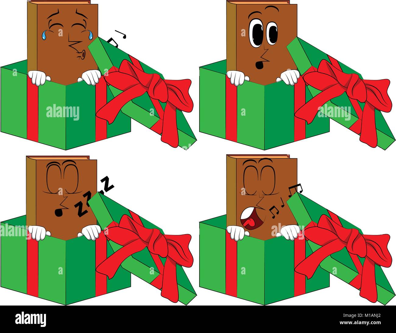 Books in a gift box. Cartoon book collection with various faces ...