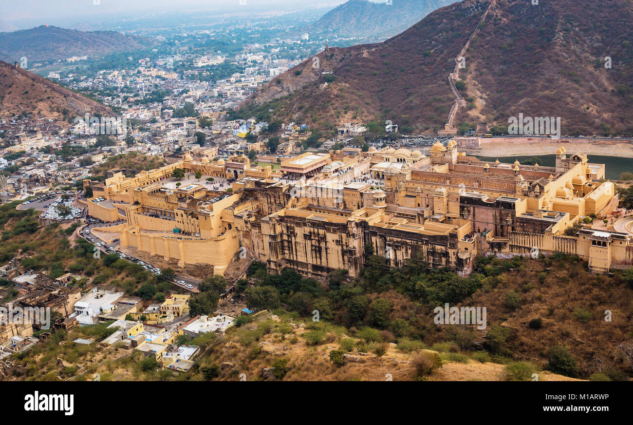 Amber Fort (Amer Fort) aerial view along with Jaipur cityscape as seen ...