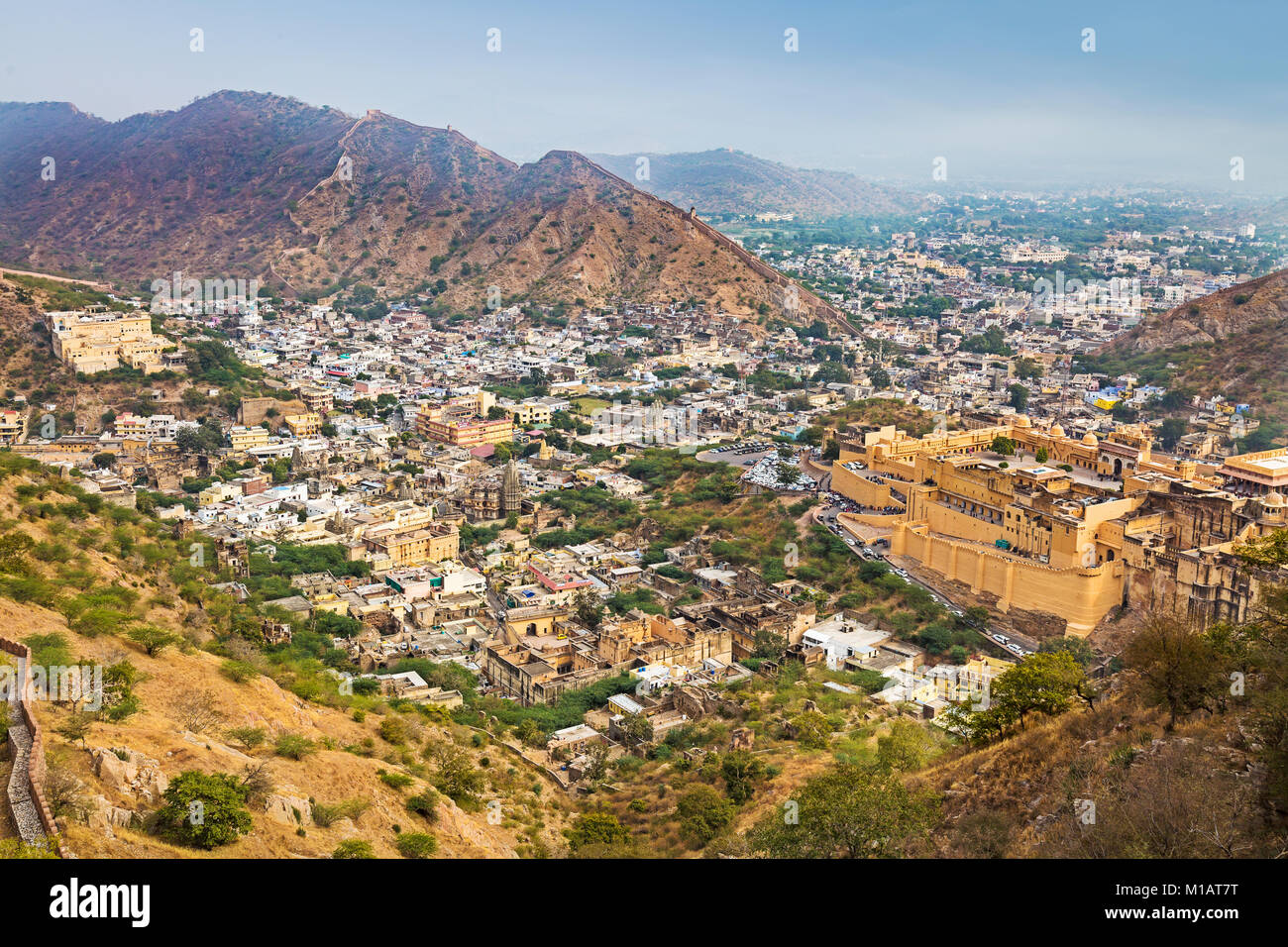 Indian city Jaipur aerial view with historic Amer Fort as seen from top ...