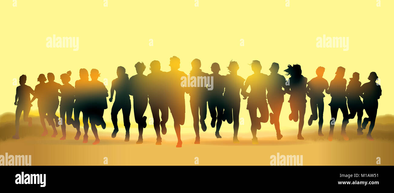 Front view of the crowd of young people running in the marathon Stock ...