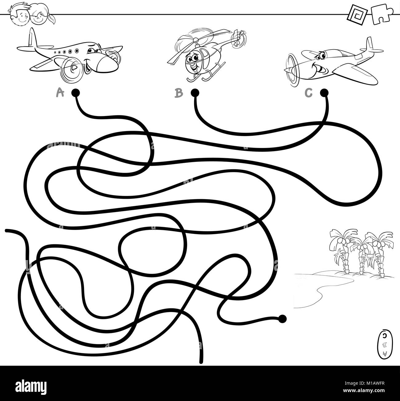 Black and White Cartoon Illustration of Paths or Maze Puzzle Activity ...