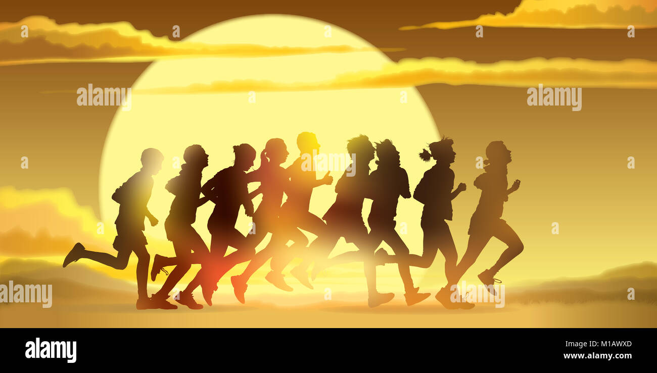 Crowd of young people is running in the marathon against a sunset ...