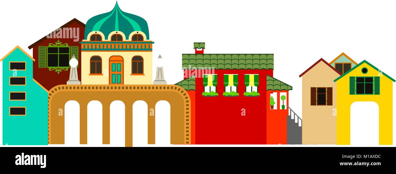 Small town buildings panoramic view. Vector colorful illustration Stock ...